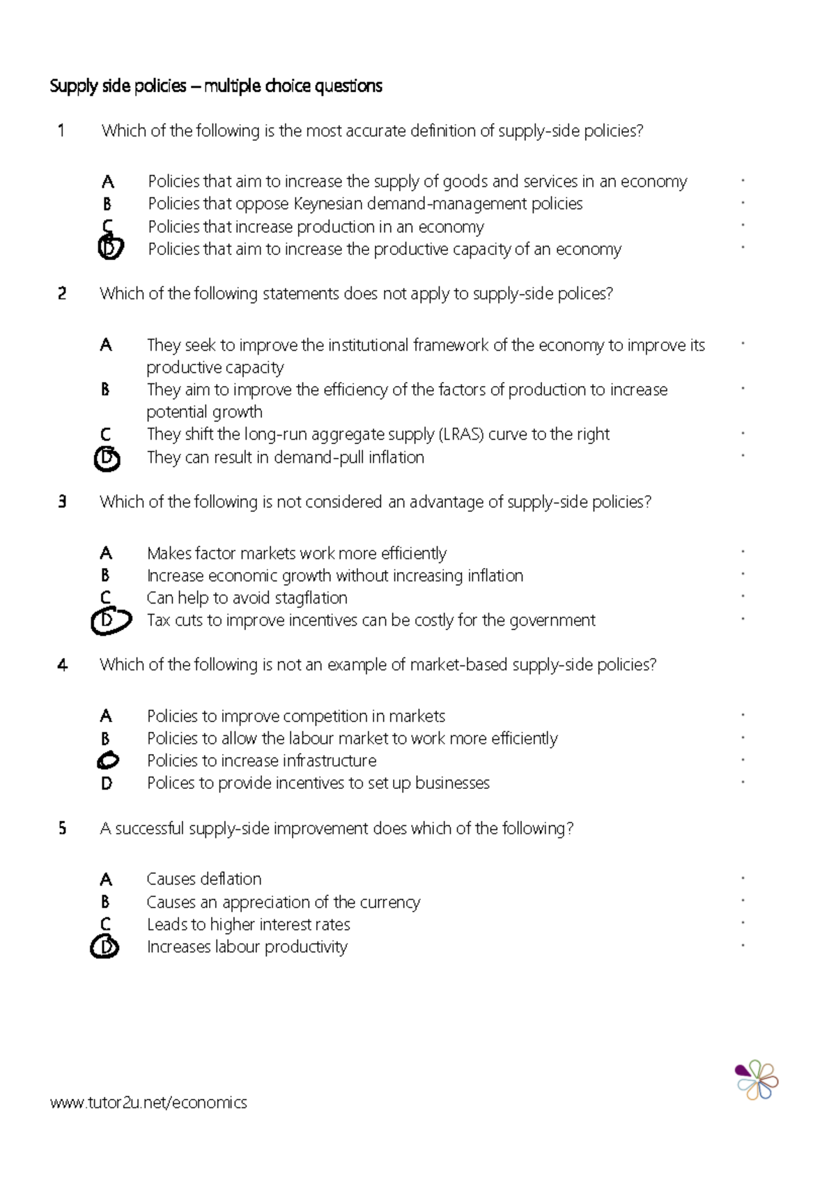Supply side policies MCQs for economics exam preparation - Studocu