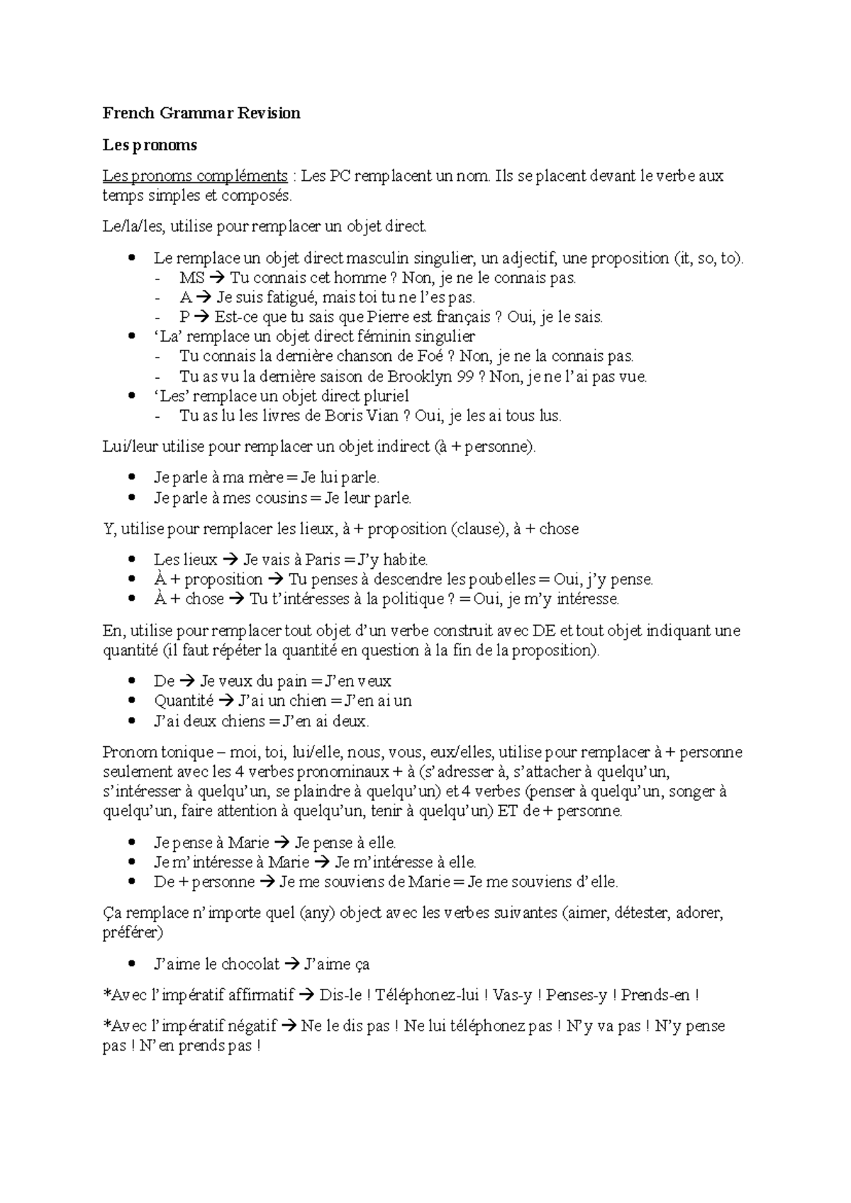 French Grammar Revision: Les Pronoms et Le Passé Composé - Studocu