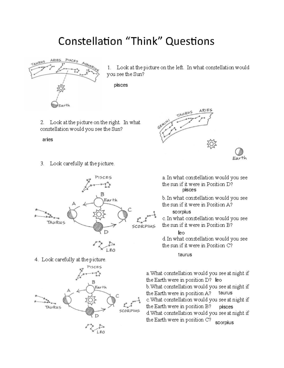 Astronomy 101 - Constellations and Seasons: Think Questions - Studocu
