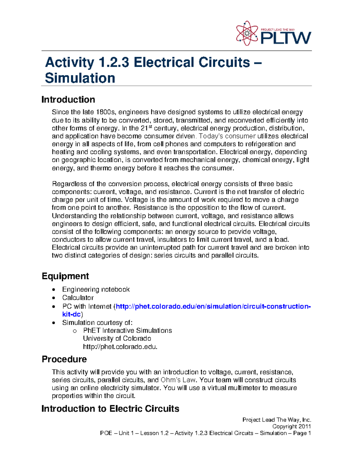 POE Unit 1 Lesson 1.2 Activity 1.2.3: Intro to Electrical Circuits Simulation - Studocu