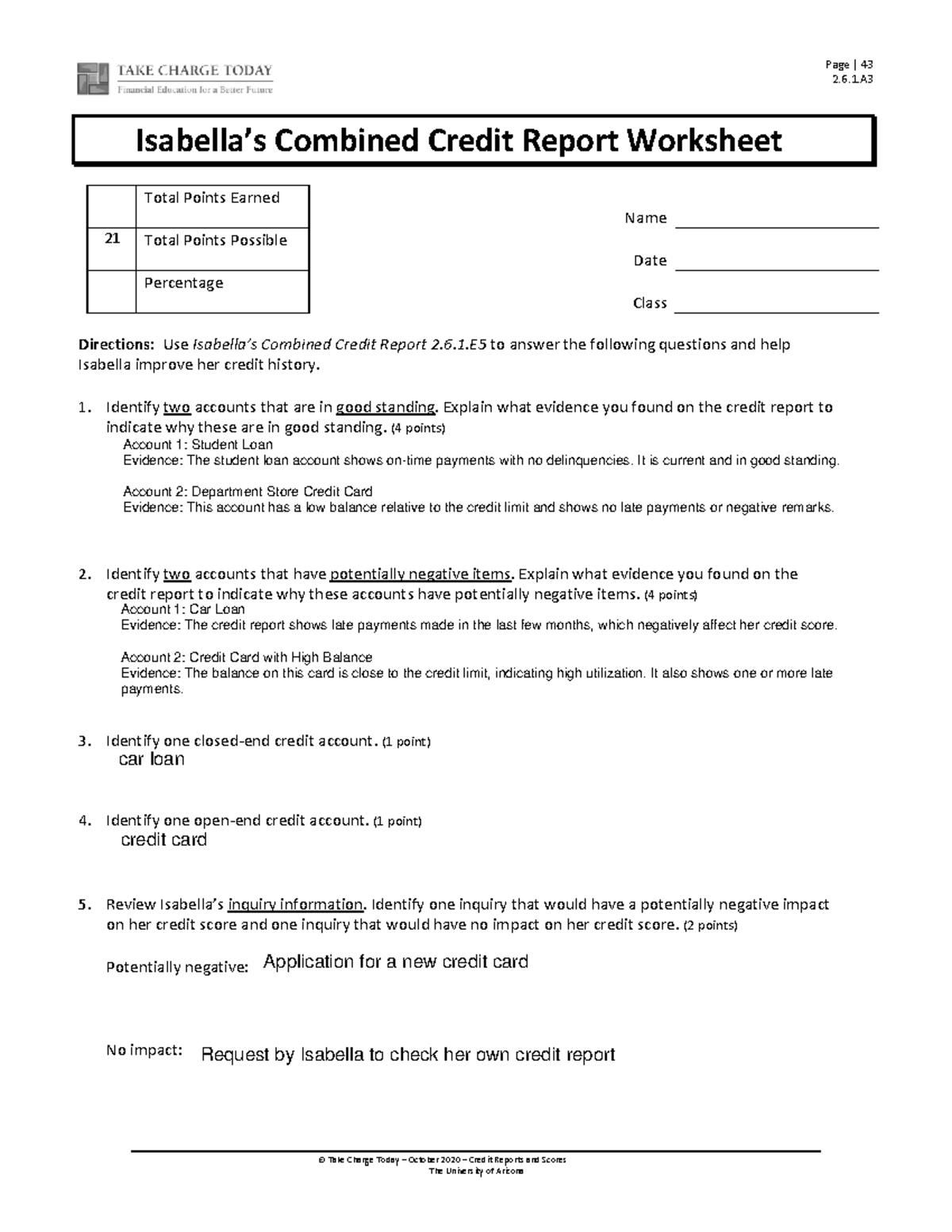 Isabella's Combined Credit Report Worksheet 2.6.1.A3 Analysis Guide ...