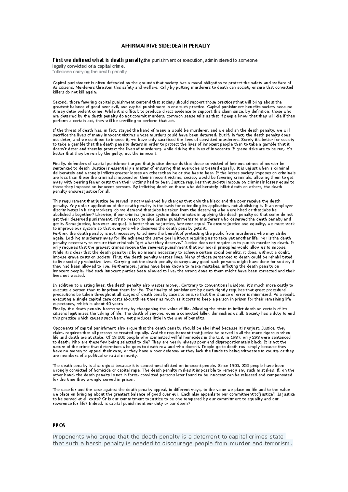 Debate on Death Penalty: Affirmative and Opposing Arguments - Studocu