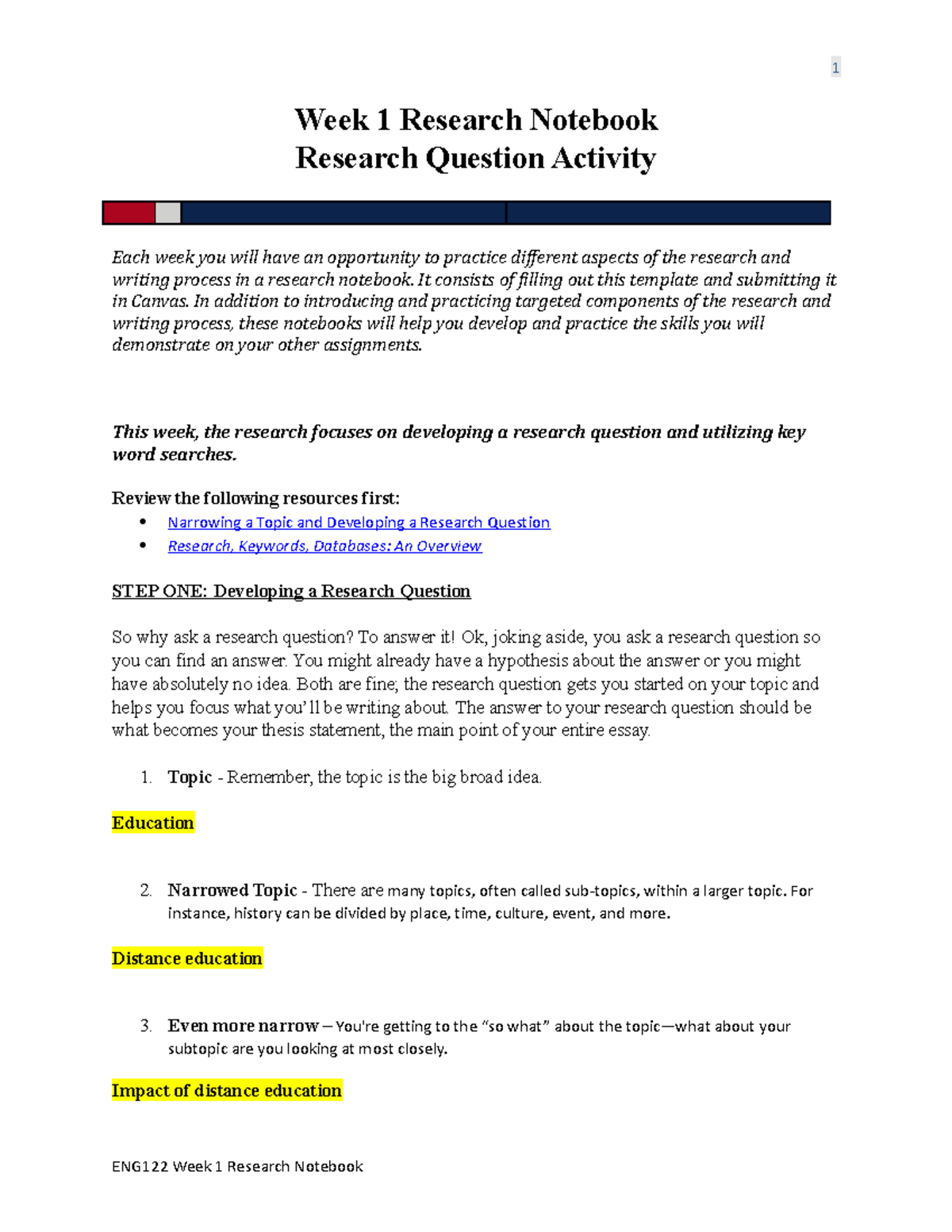 ENG122 Week 1 - Research Notebook: Developing Research Questions - Studocu