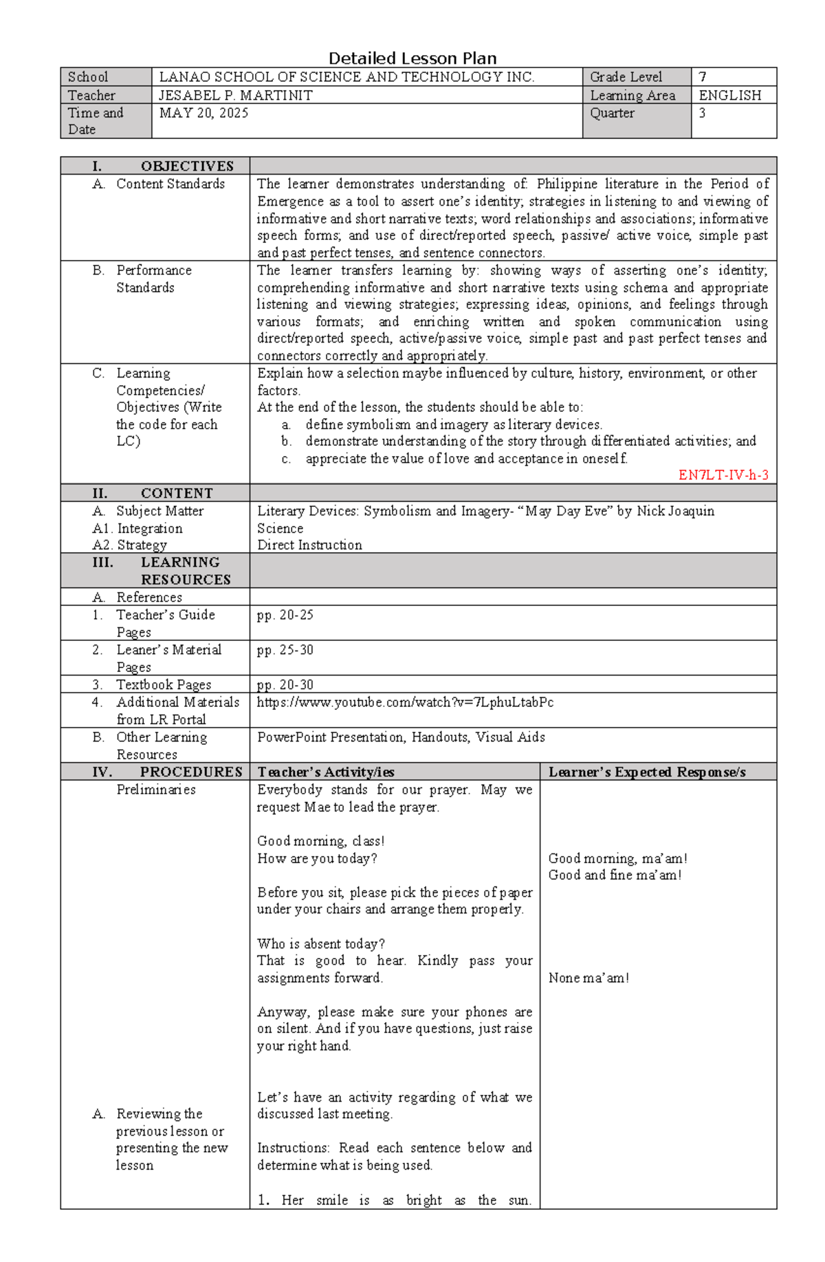 Detailed Lesson Plan on Literary Devices for ENGLISH 3 (LST) - Studocu