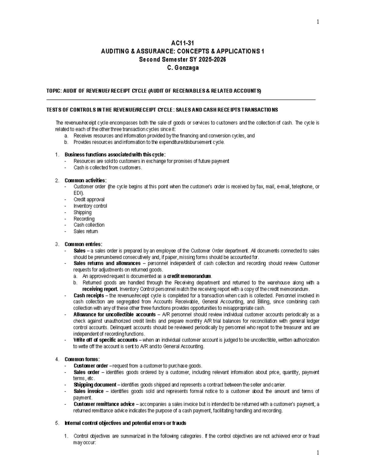 Audit of Receipt Cycle: Tests of Controls in AR (AUD 1) - Studocu