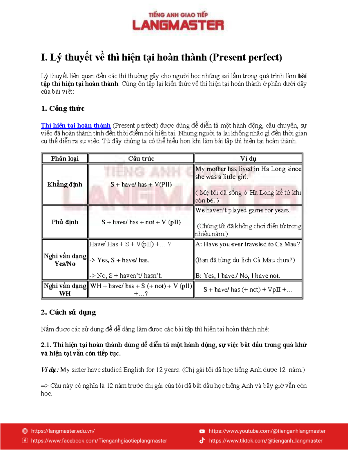 Bài tập về thì hiện tại hoàn thành (Present Perfect) - Tiếng Anh - Studocu