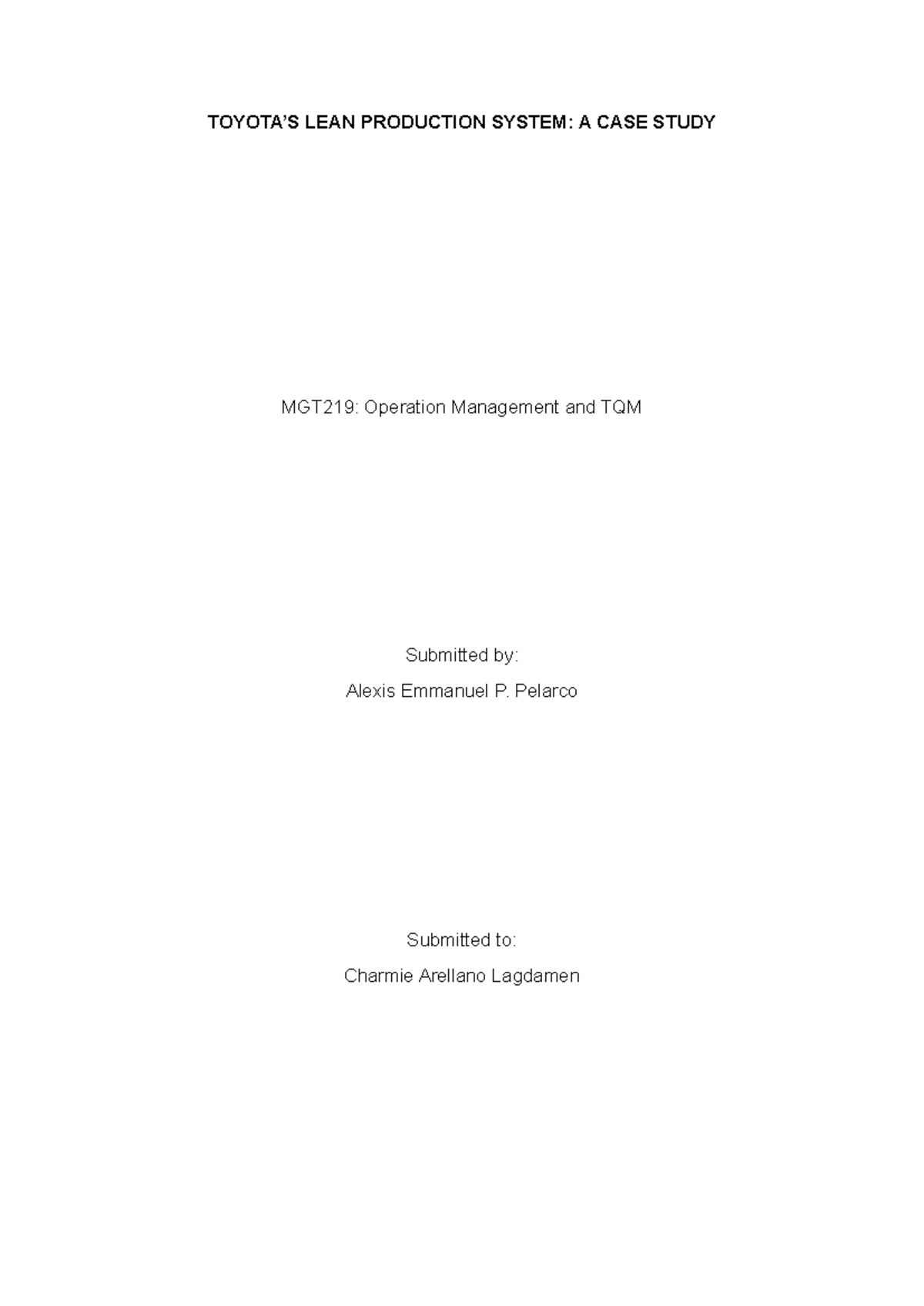 LEAN PRODUCTION SYSTEM: A CASE STUDY MGT219 - Operations Management ...