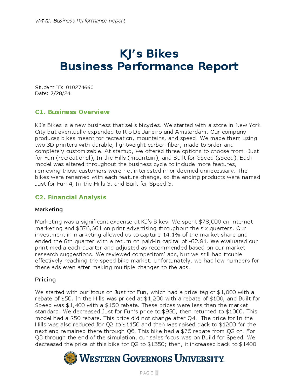 D361 Business Simulation Task 1 - KJ's Bikes Performance Report - Studocu