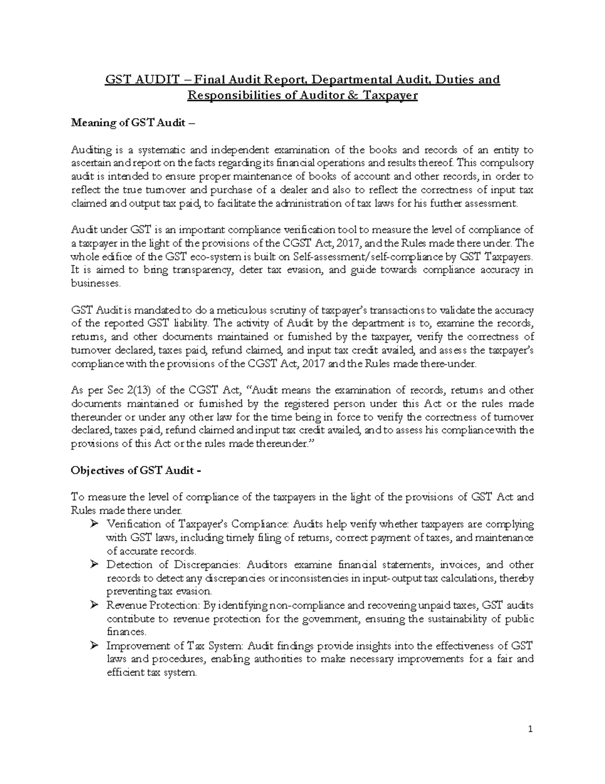 GST AUDIT Final Audit Report: Duties, Responsibilities & Compliance ...