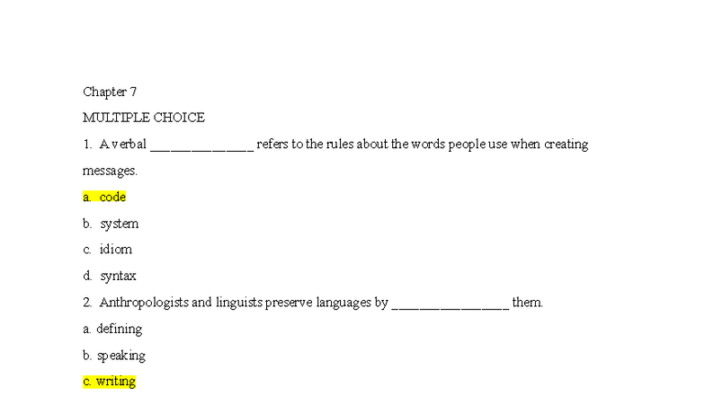 Chapter 7: Language and Communication MCQs - Studocu