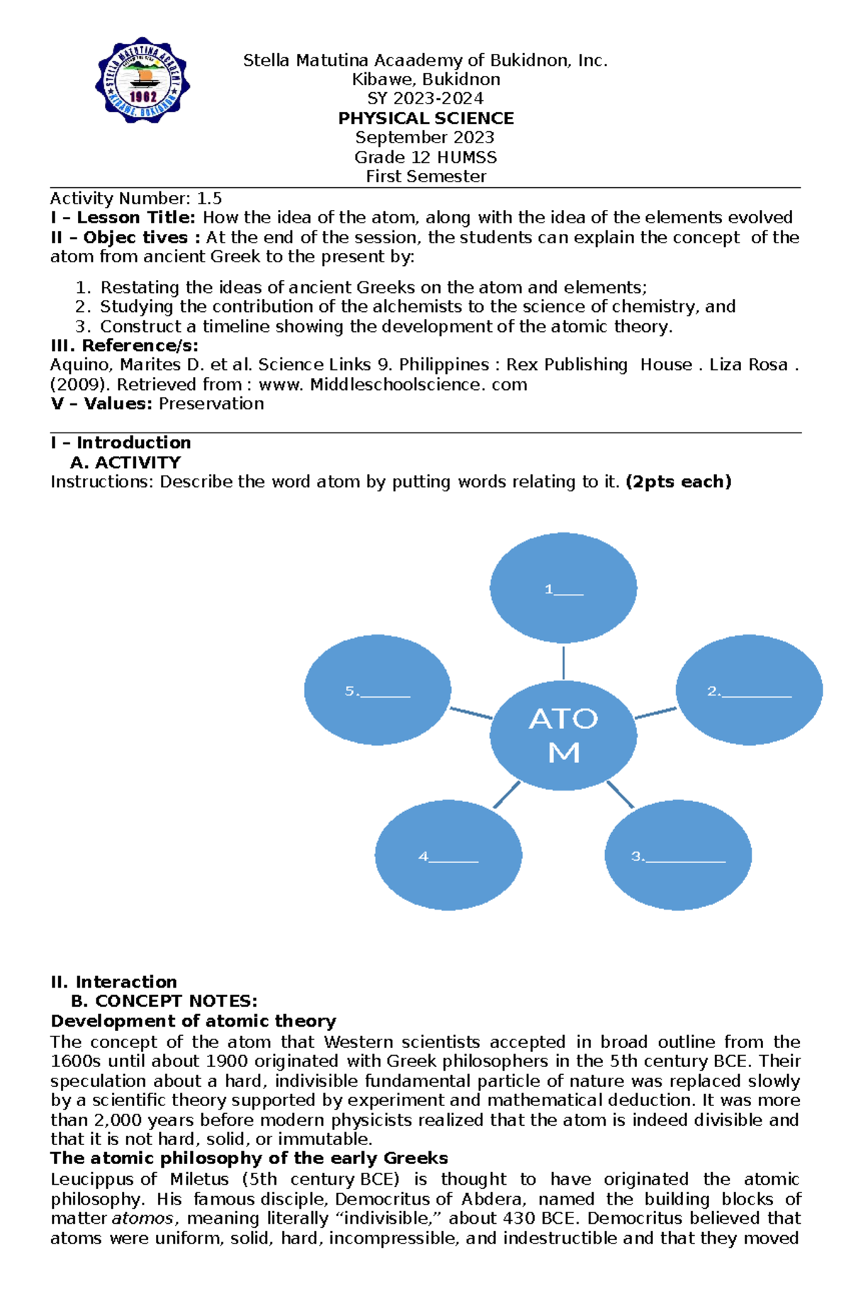 LAS Physical Science 1 - Evolution of Atomic Theory and Concepts - Studocu