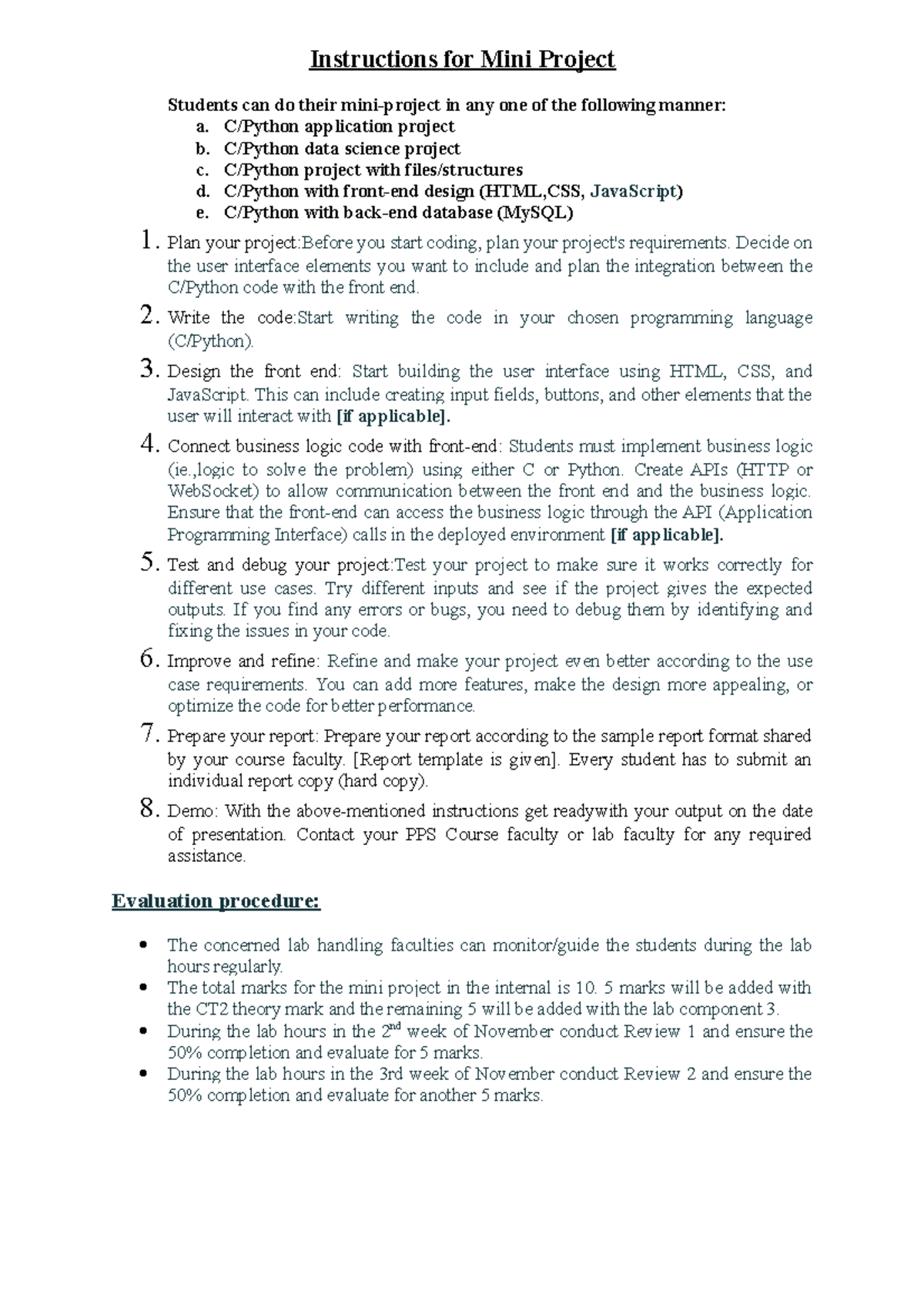 Instructions for mini project - Instructions for Mini Project Students ...