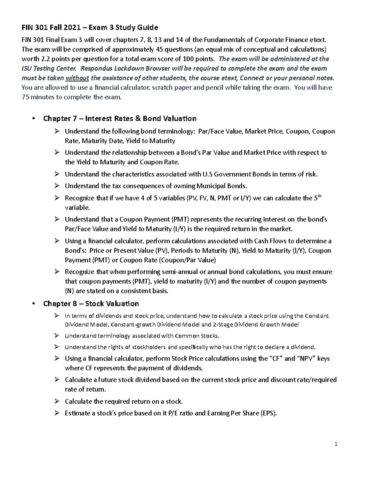 FIN 301 Exam 3 Study Guide - FIN 301 Fall 2021 – Exam 3 Study Guide FIN ...