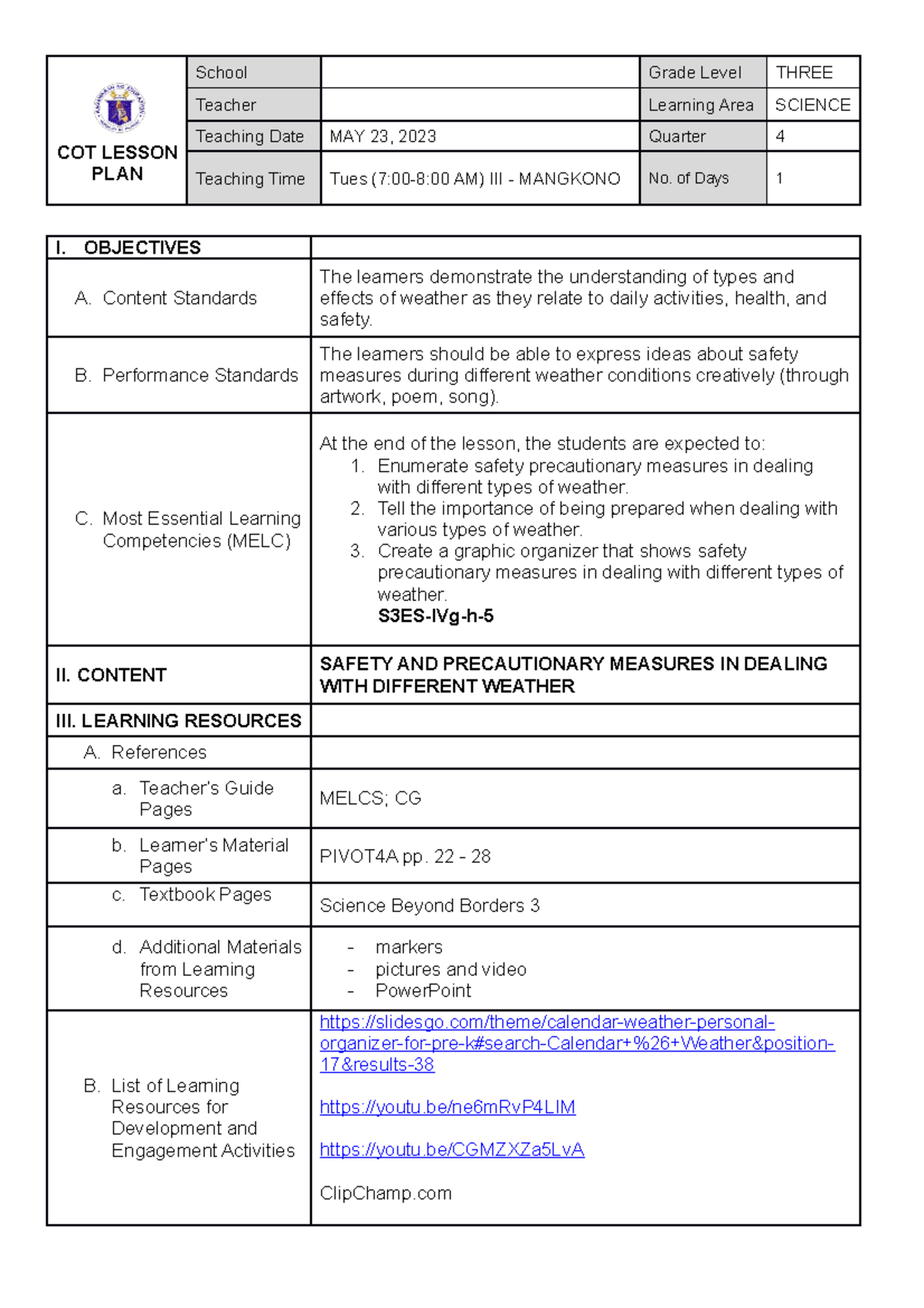 Final Exam LP COT - Science III Lesson on Weather Safety - Studocu