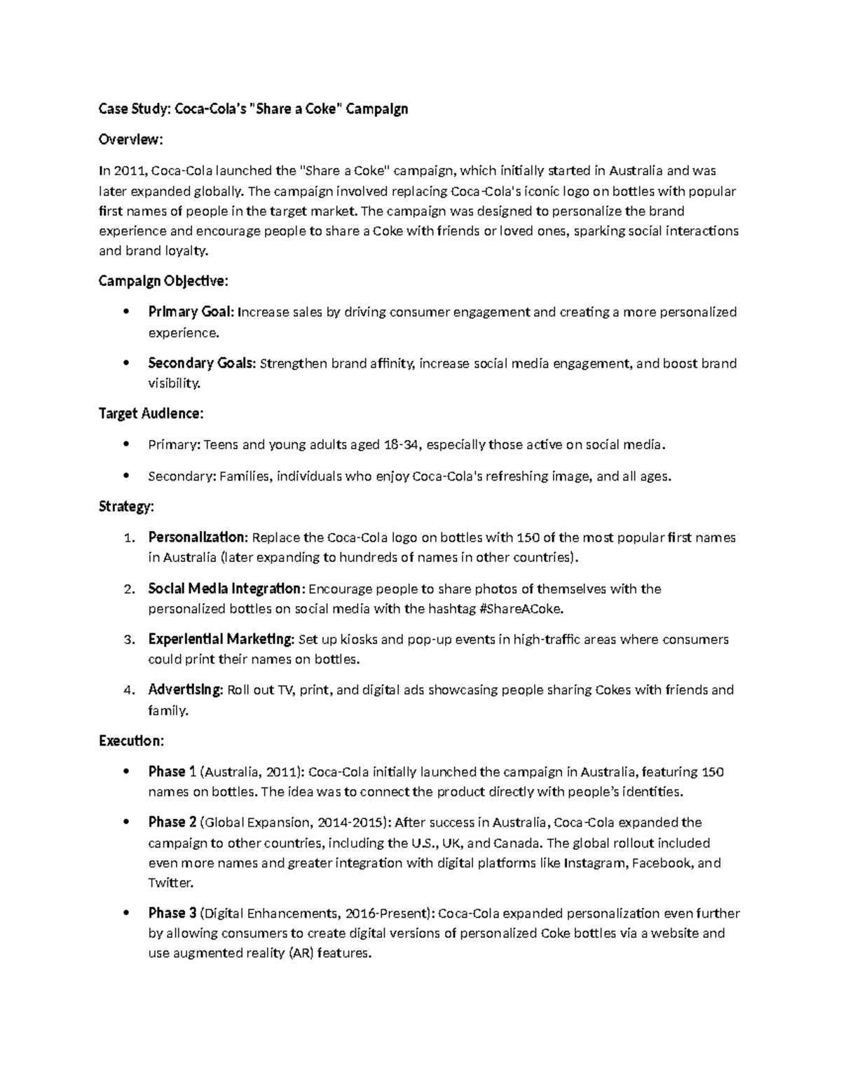 Coca-Cola Case Study: Share a Coke Campaign Overview - Studocu