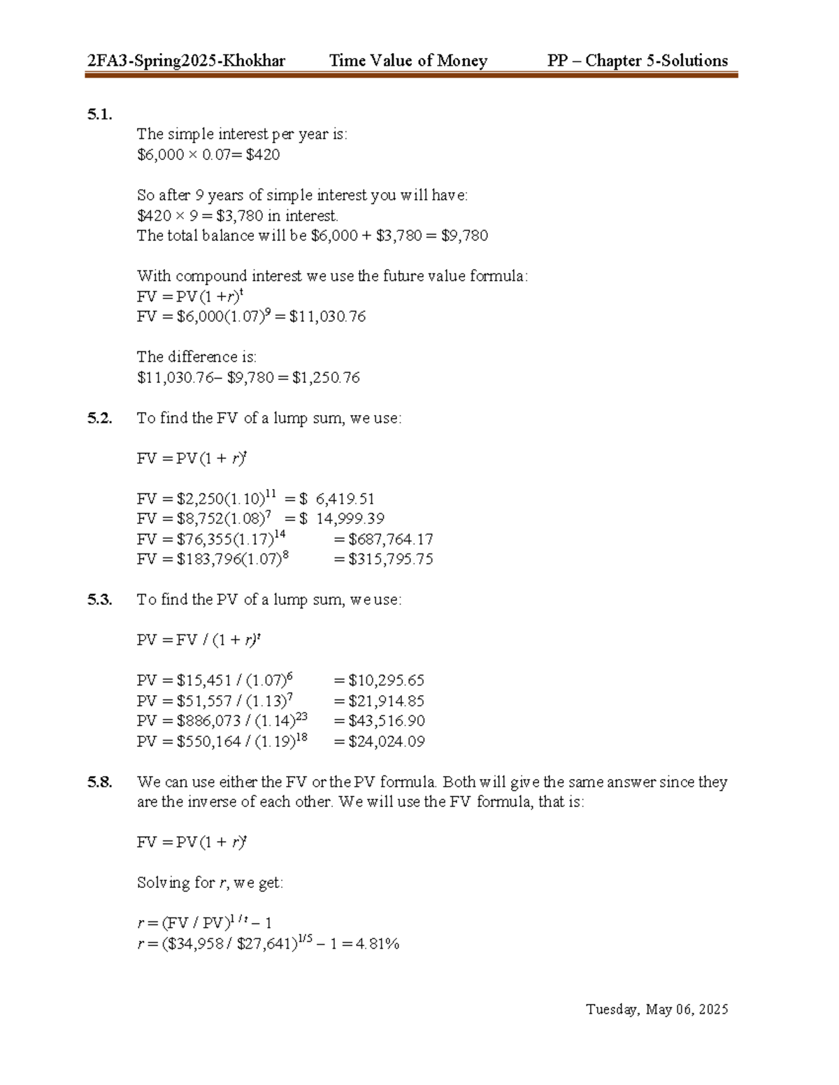 2FA3 - Practice Problems Solutions for Time Value of Money Chapter 5 ...