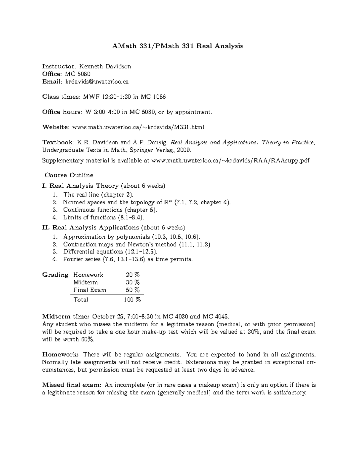 AMath 331 Real Analysis Syllabus: Course Outline & Grading Details ...