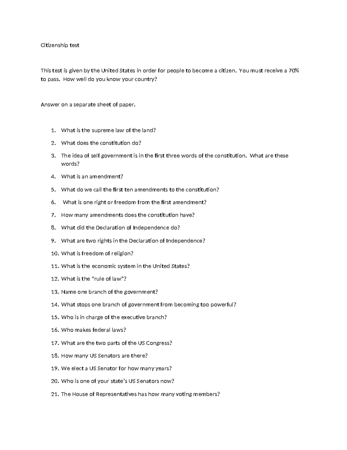 Citizenship Test - US Citizenship Exam Questions (CIT-101) - Studocu
