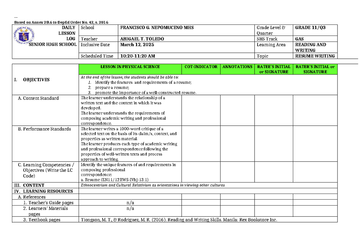 LESSON PLAN IN READING AND WRITING - Based on Annex 2B to DepEd Order ...