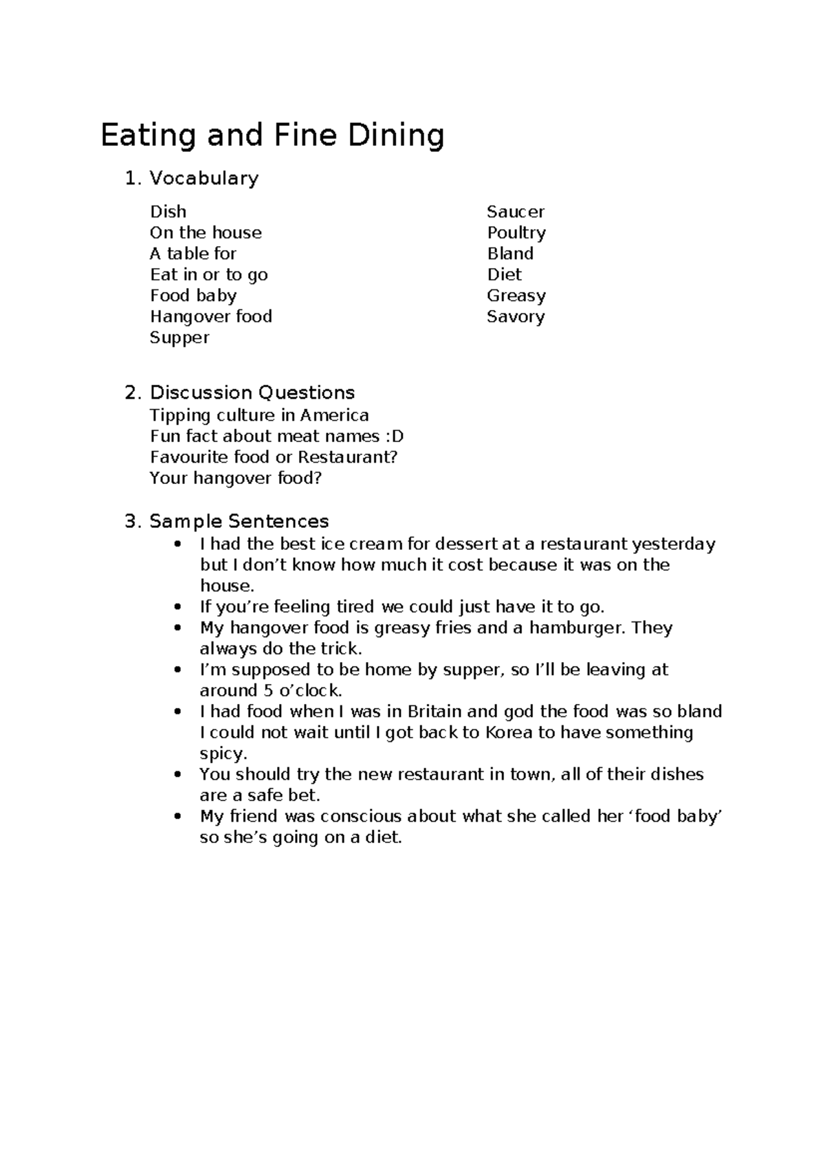 Eating and Fine Dining 1: Vocabulary & Discussion Notes - Studocu
