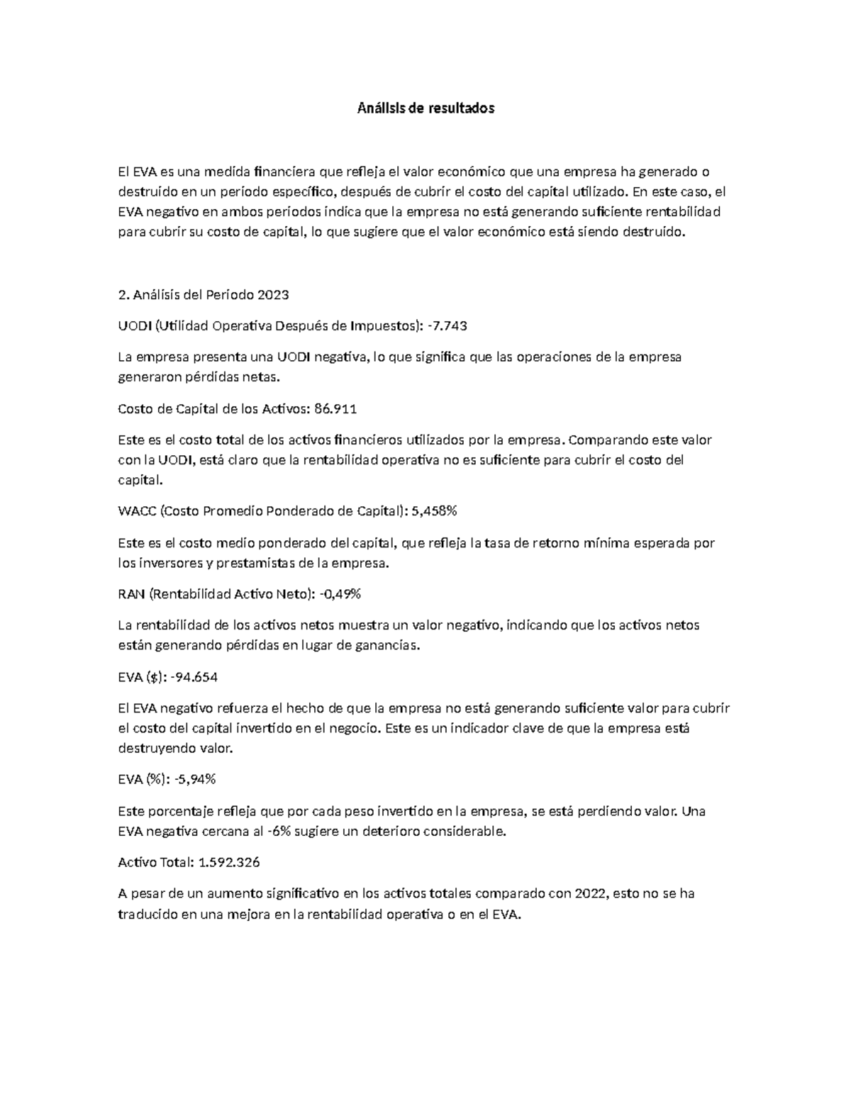 Análisis Comparativo del EVA en 2022 y 2023: UODI, WACC y RAN - Studocu
