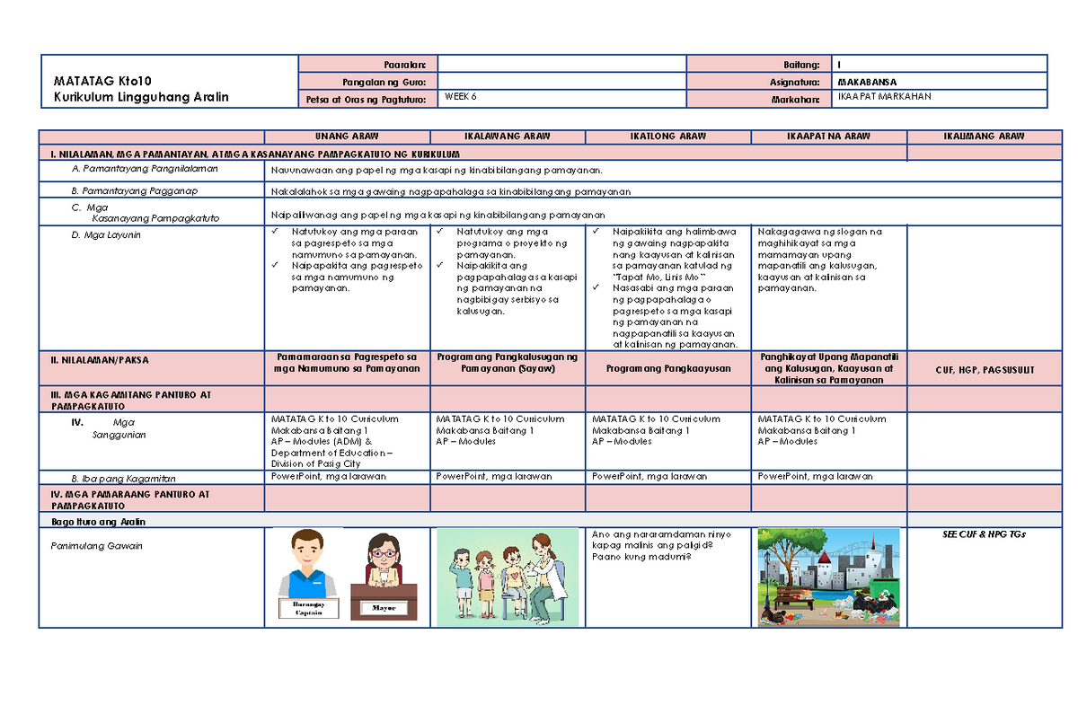 W6-Q4-Makabansa 1: Pagtuturo sa Pagrespeto sa Pamayanan - Studocu
