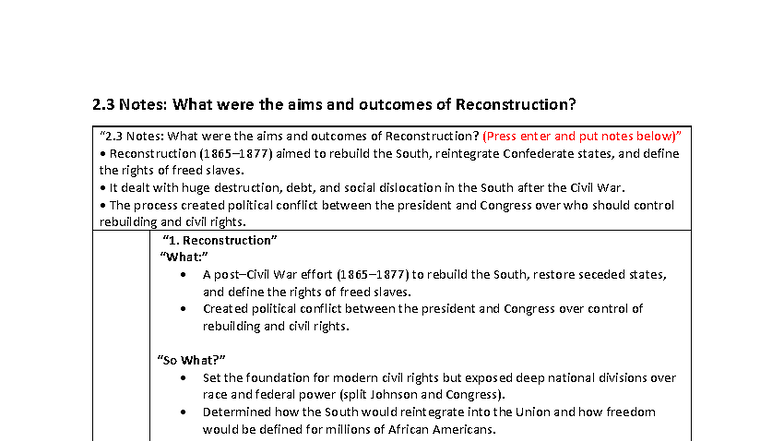 Reconstruction Era: Aims, Outcomes, and Key Actions (1865-1877) - Studocu