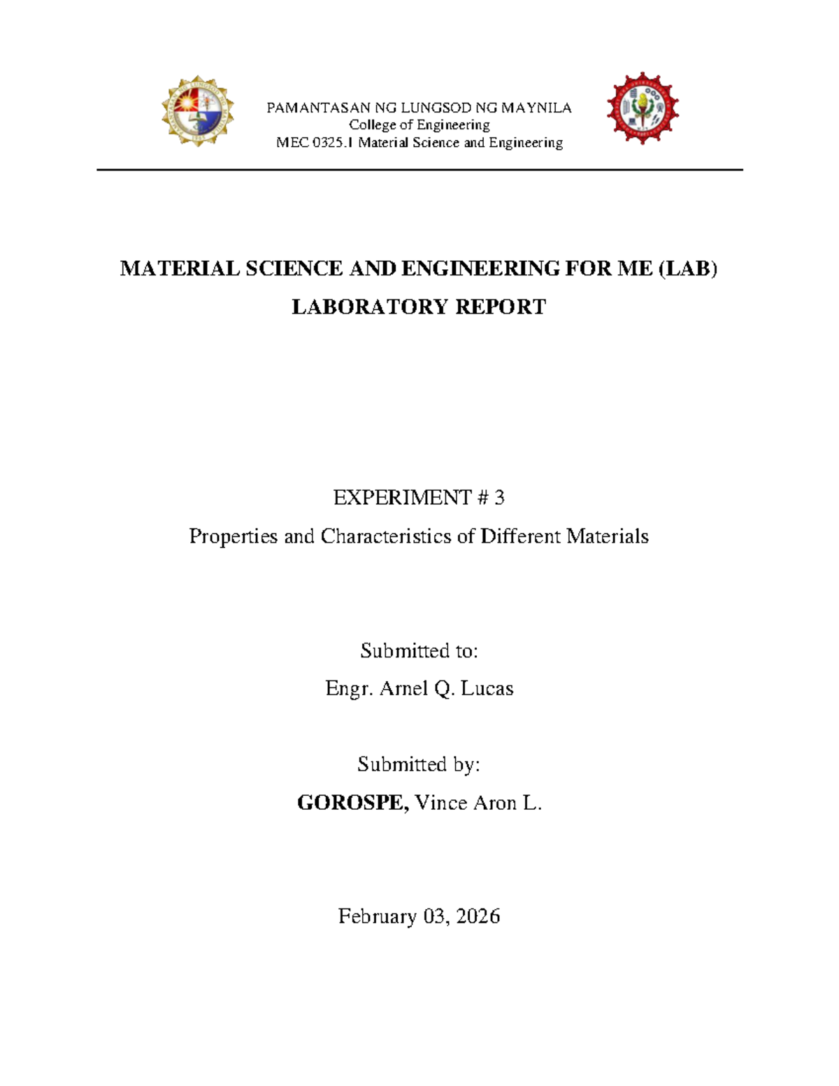 MEC 0325.1 Material Science Lab Report: Experiment 3 Analysis of ...