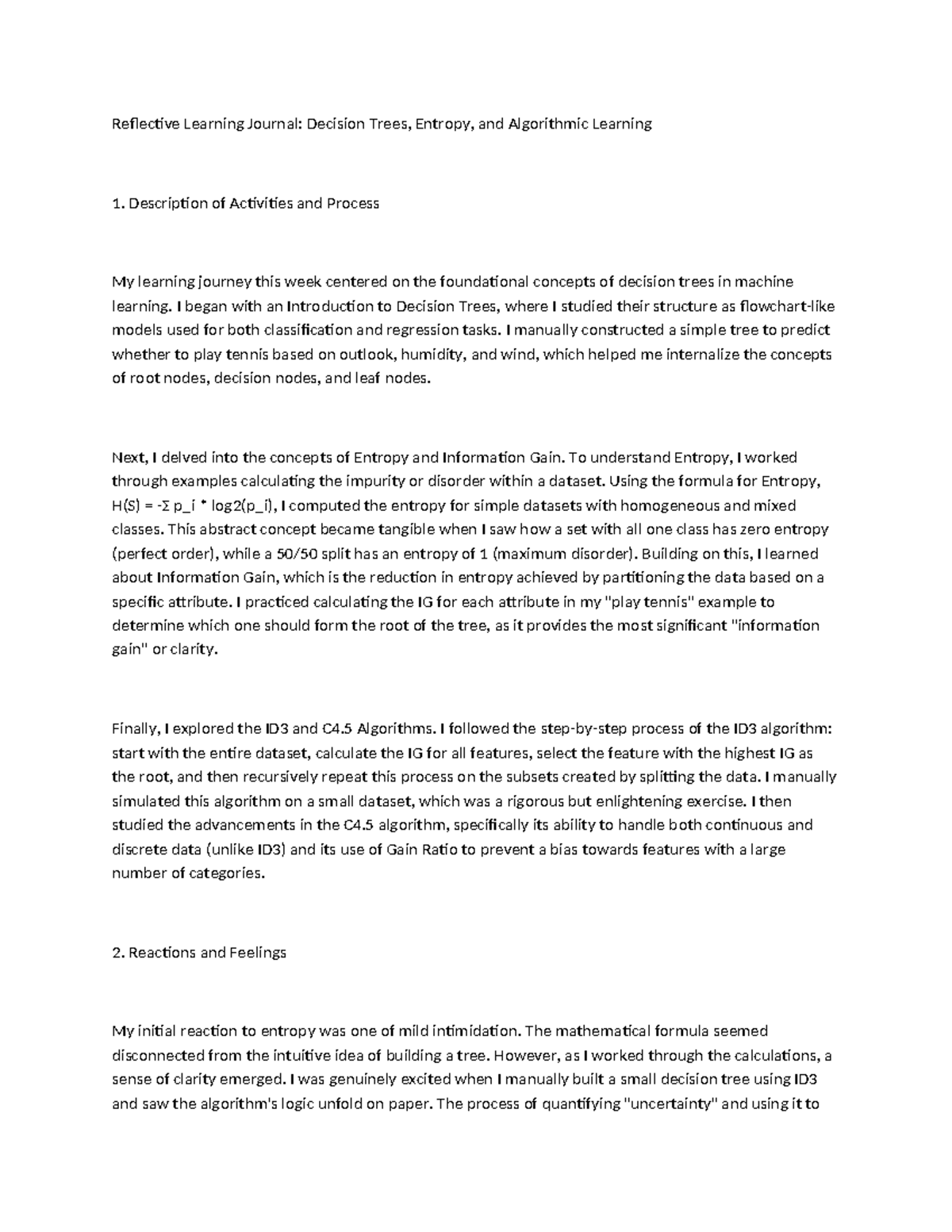 Cs4407 Unit 5 Learning Journal: Decision Trees & Entropy Insights - Studocu