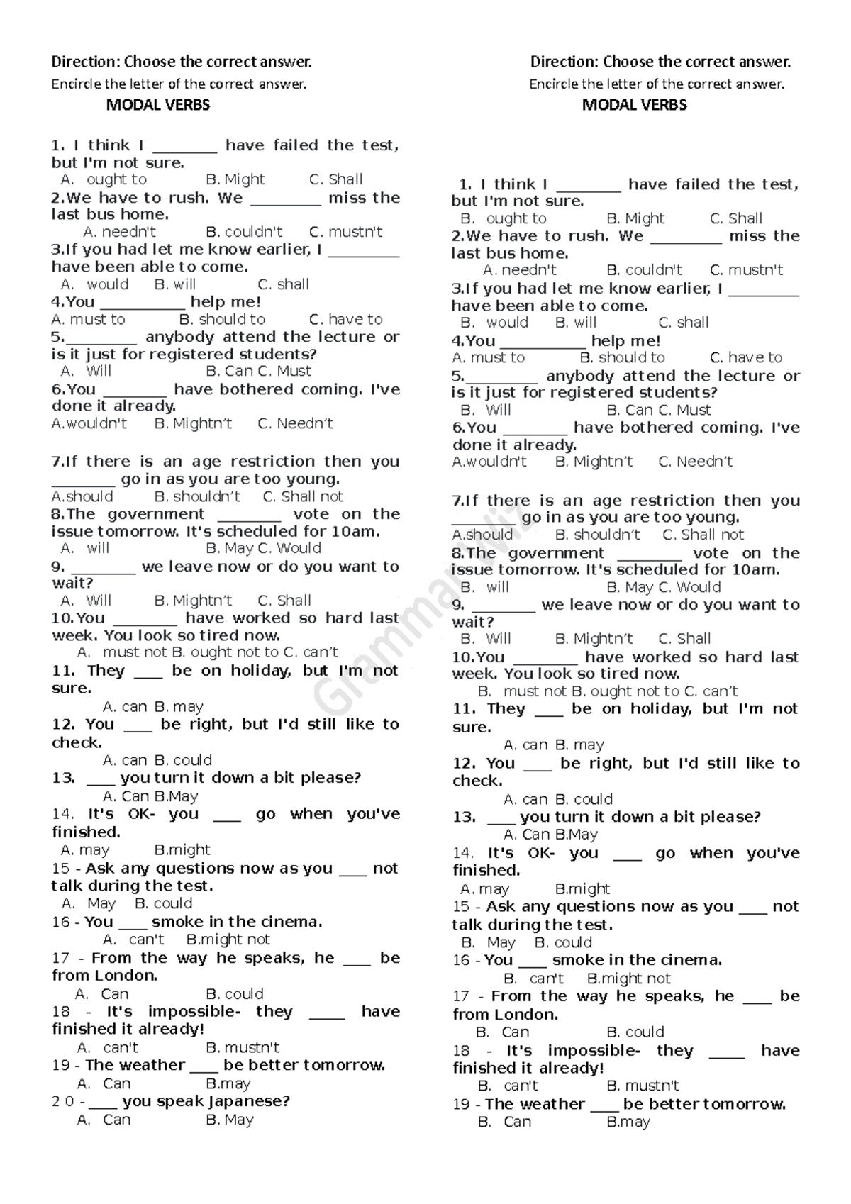 Modal verbs multiple choice exercise - Direction: Choose the correct ...