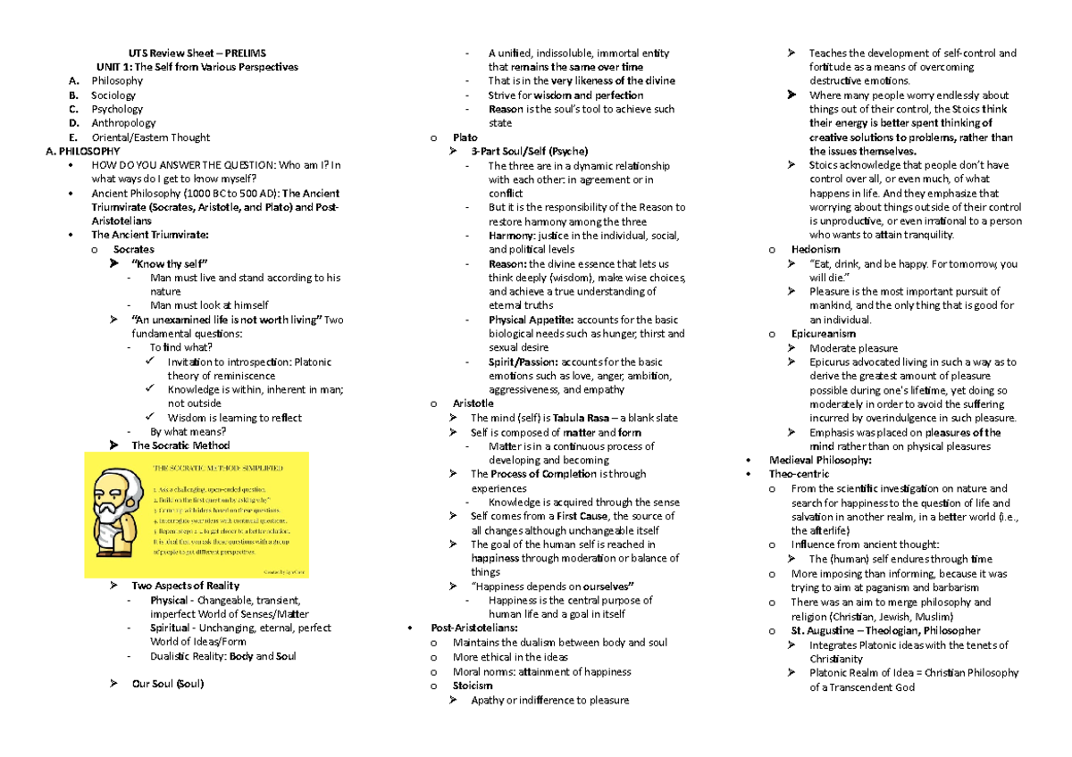 Understanding The Self: Comprehensive UTS Prelims Reviewer - Studocu