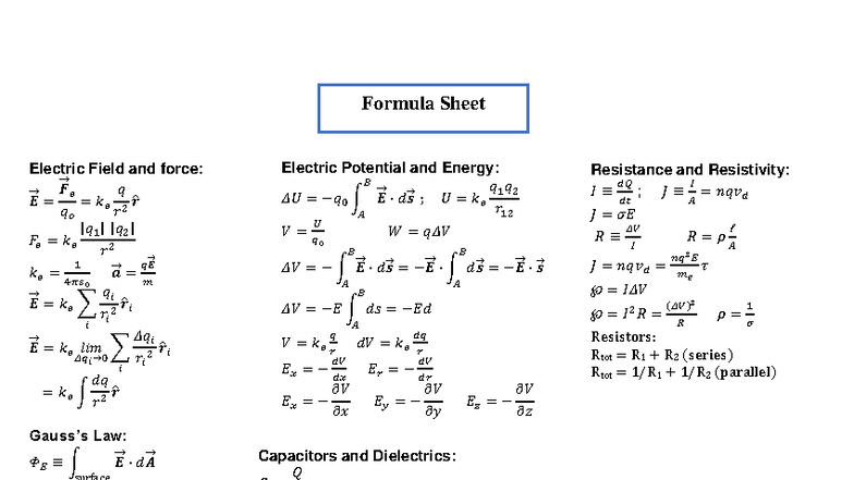 PHYS 205 Electric Field & Force Formula Sheet - Studocu