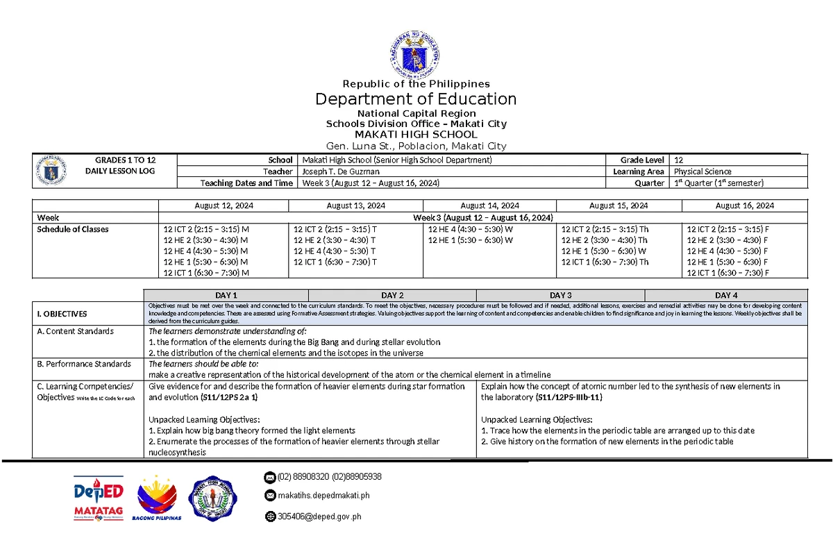 12 Physical Science Week 4 Daily Lesson Log (SY 2024-2025) - Studocu