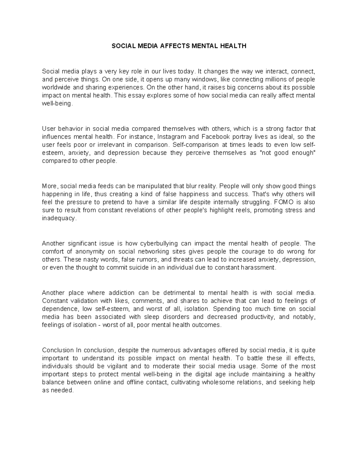 Effects of Social Media on Mental Health: An Insightful Essay - Studocu