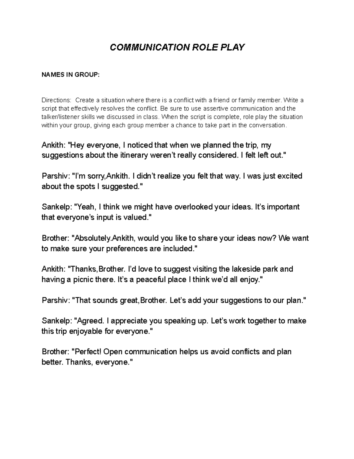 COMM 101: Conflict Resolution Role Play Script and Guidelines - Studocu