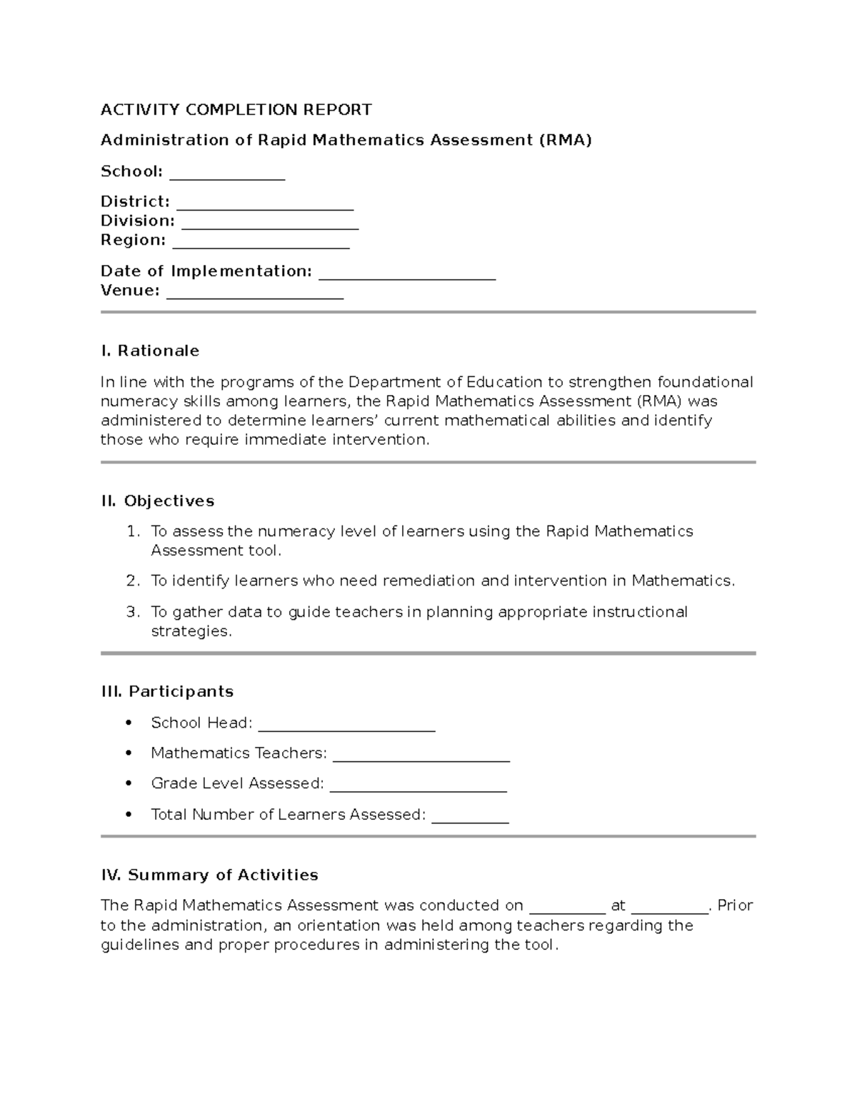 ACR: Administration of Rapid Mathematics Assessment (RMA) Report - Studocu