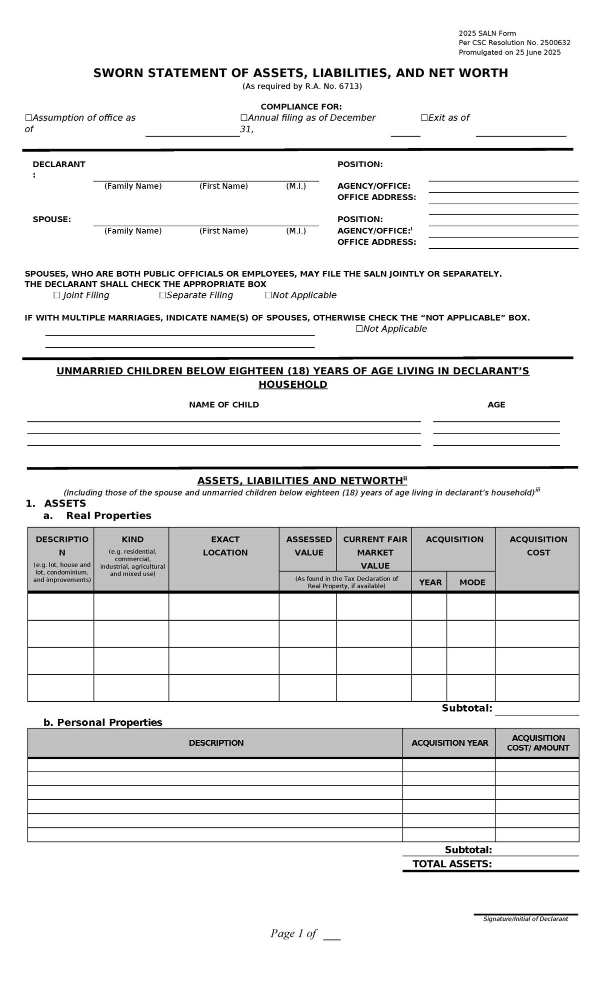 2025 SALN Form Compliance as per CSC Resolution No. 2500632 - Studocu