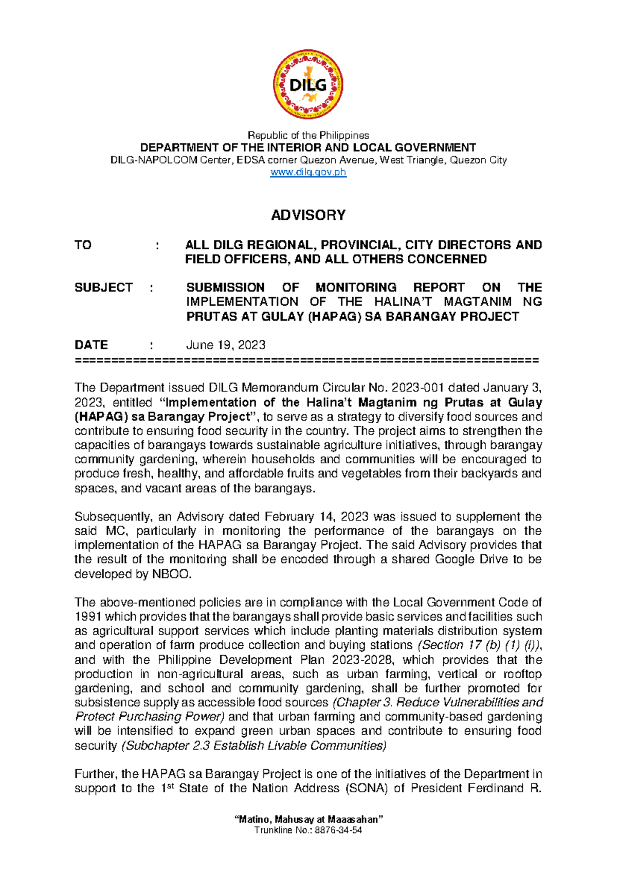 Advisory on Monitoring HAPAG sa Barangay Project Implementation (DILG ...