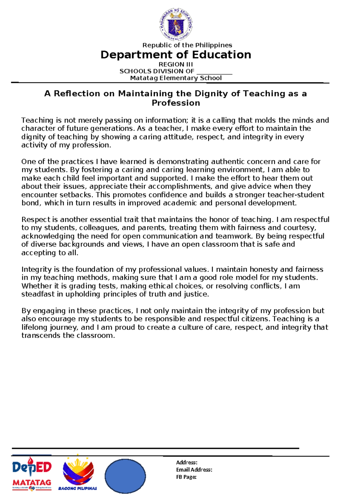 MOV 1 Reflection Journal: Upholding Dignity in Teaching Profession ...
