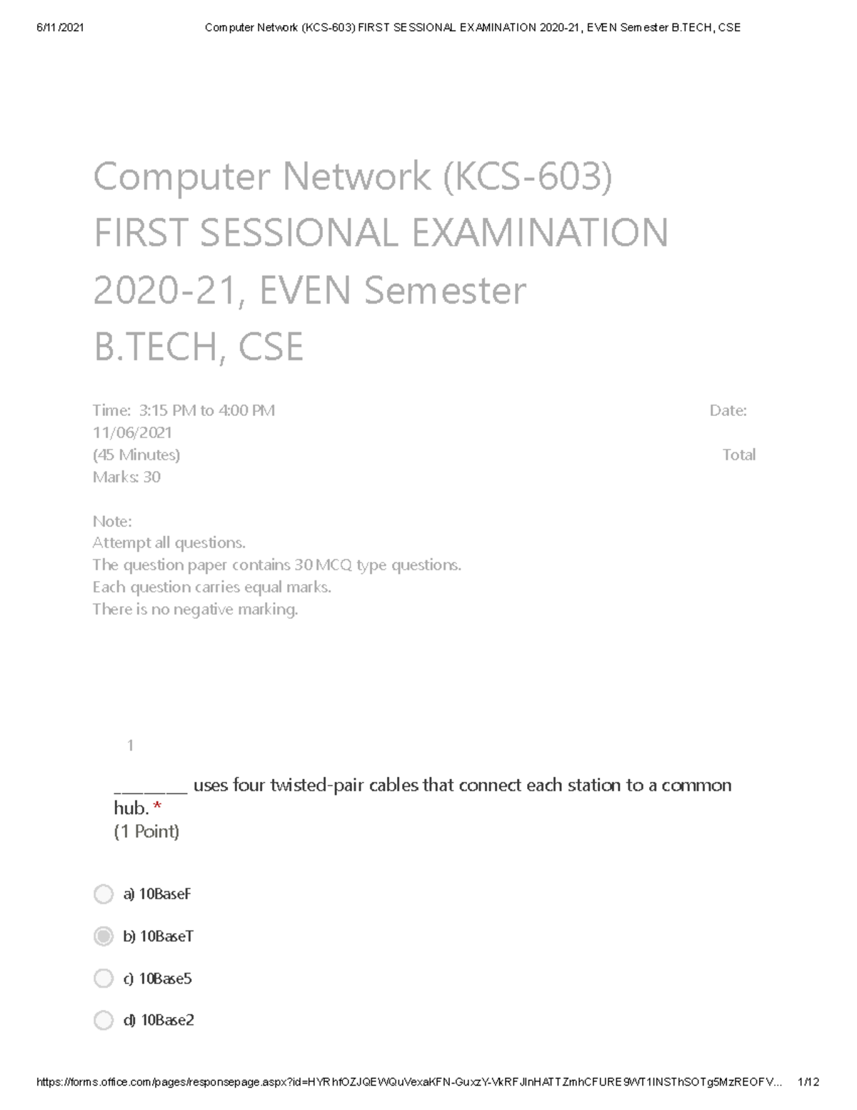 516042317 Computer Network KCS 603 First Sessional Examination 2020 21 EVEN Semester B TECH CSE ...
