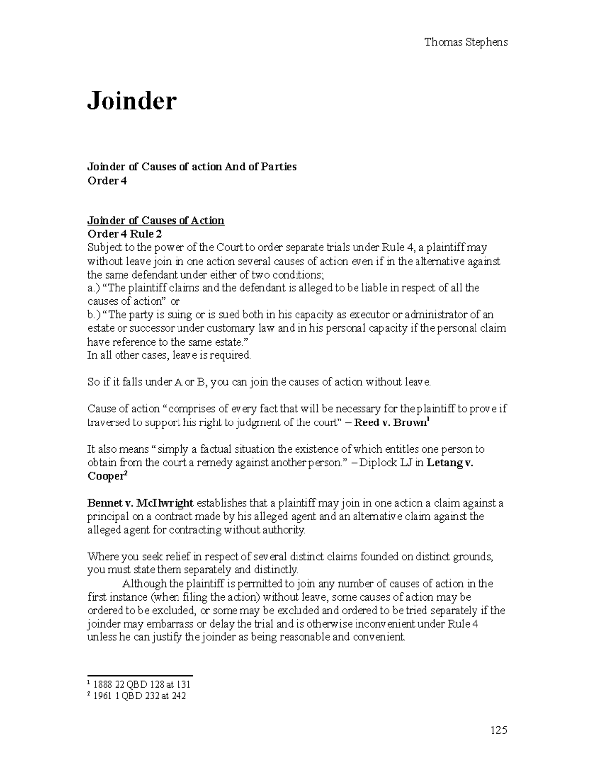 Civil Procedure Notes 2 - Joinder Joinder of Causes of action And of ...
