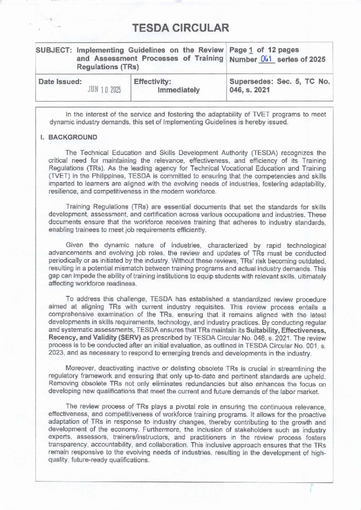 TESDA Circular No. 061-2025: Guidelines for Review & Assessment of TRs ...