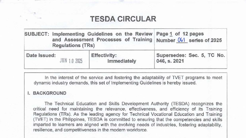 TESDA Circular No. 061-2025: Guidelines for Review & Assessment of TRs ...