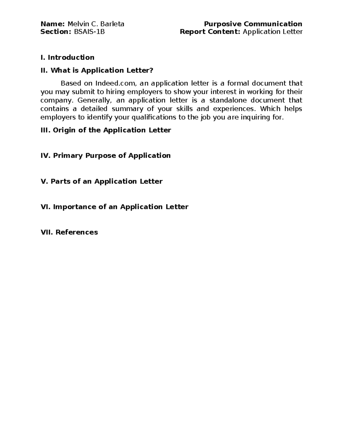 Purposive Communication Report: Application Letter Overview - Studocu