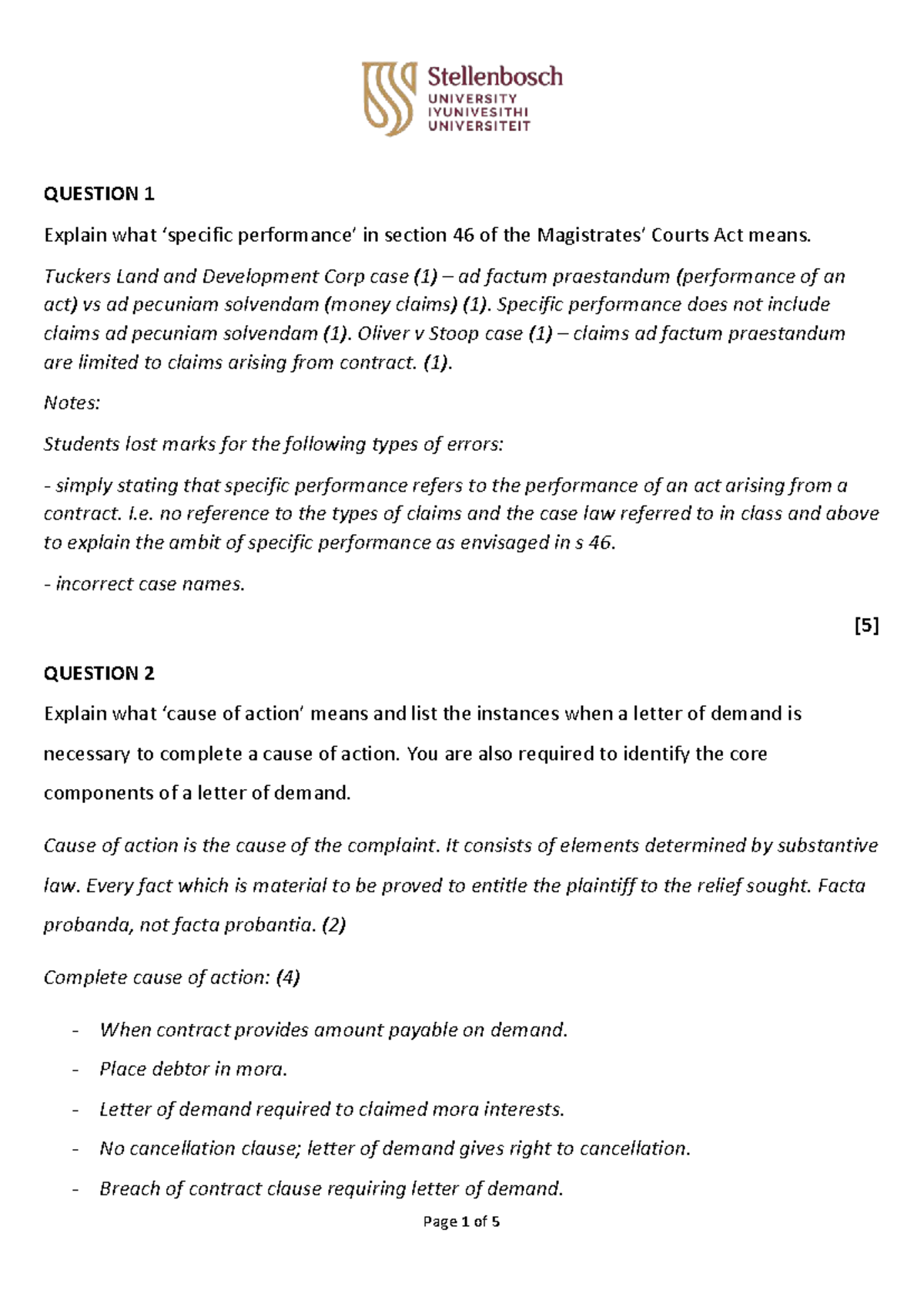 COURSE CODE: LAW 101 - Marking Guidelines for Past Assessments - Studocu