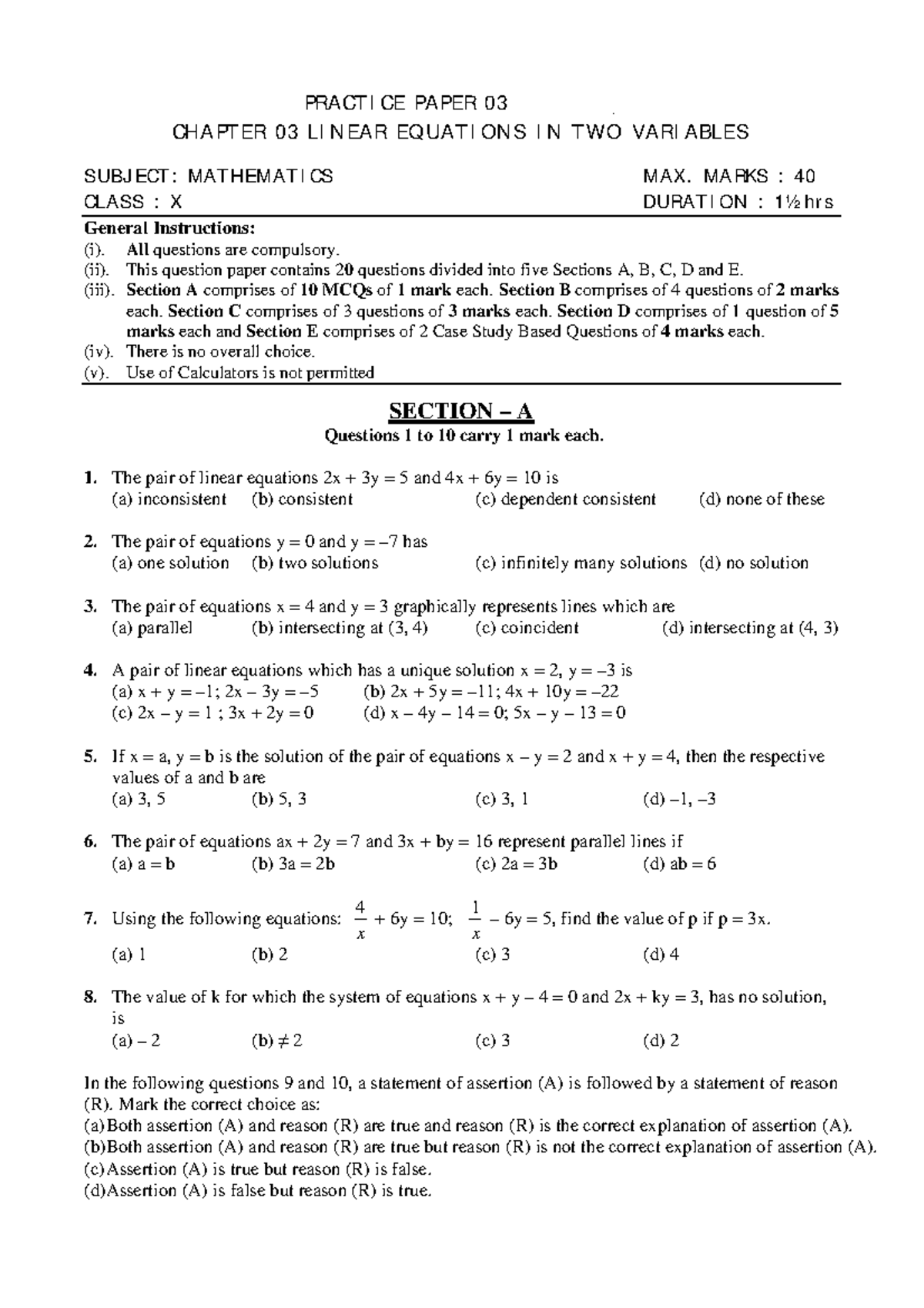 Maths Class X Practice Paper 03: Linear Equations in Two Variables ...