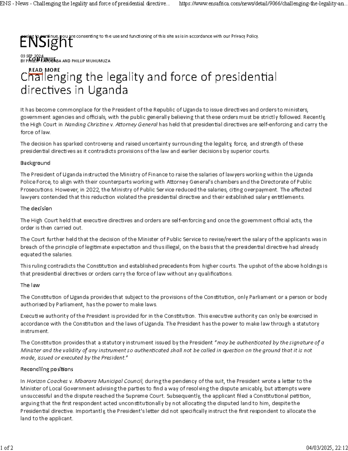 ENS - News: Legality and Force of Presidential Directives in Uganda ...