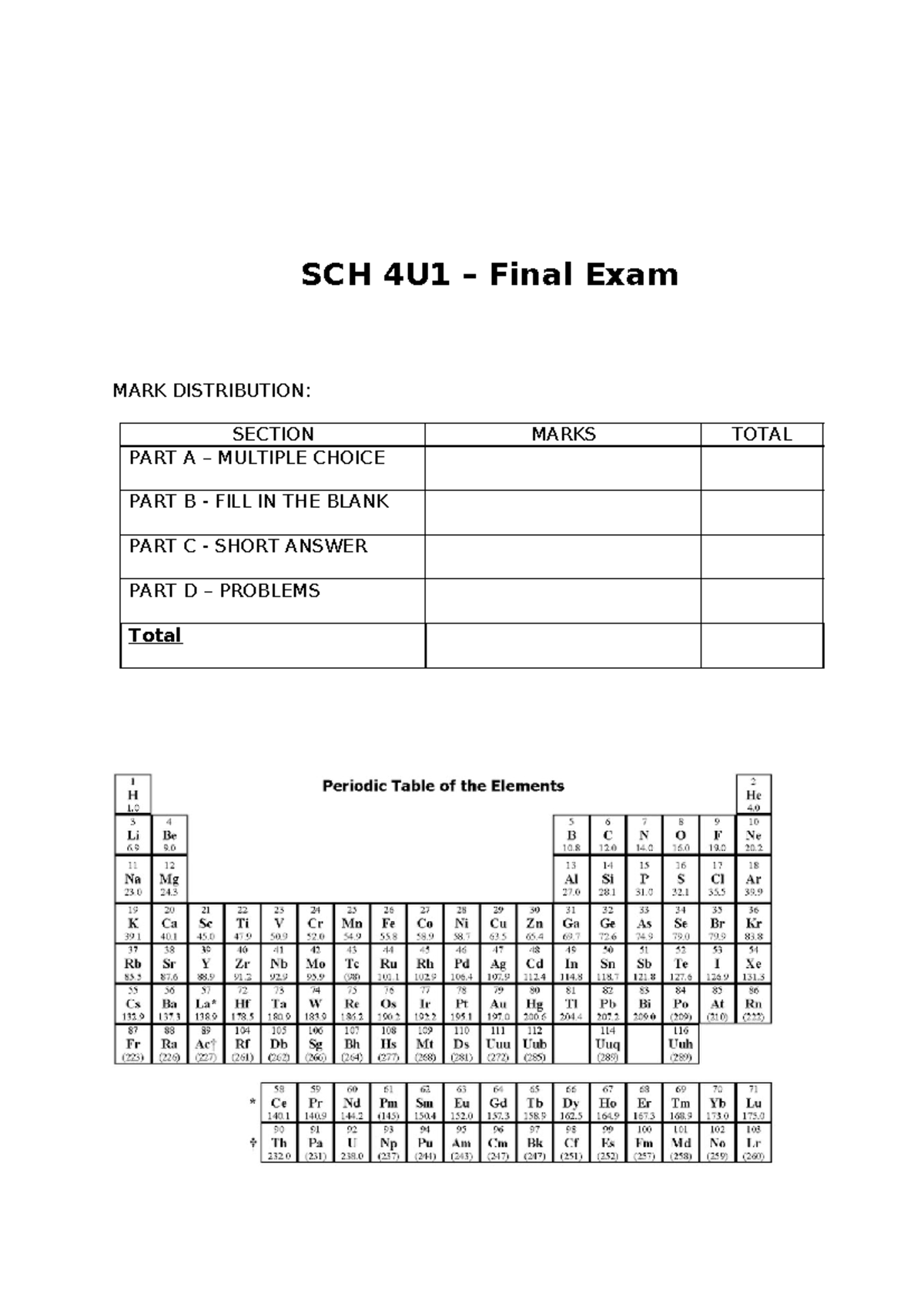 SCH4U Final Exam Review: Multiple Choice, Completion & Problems - Studocu