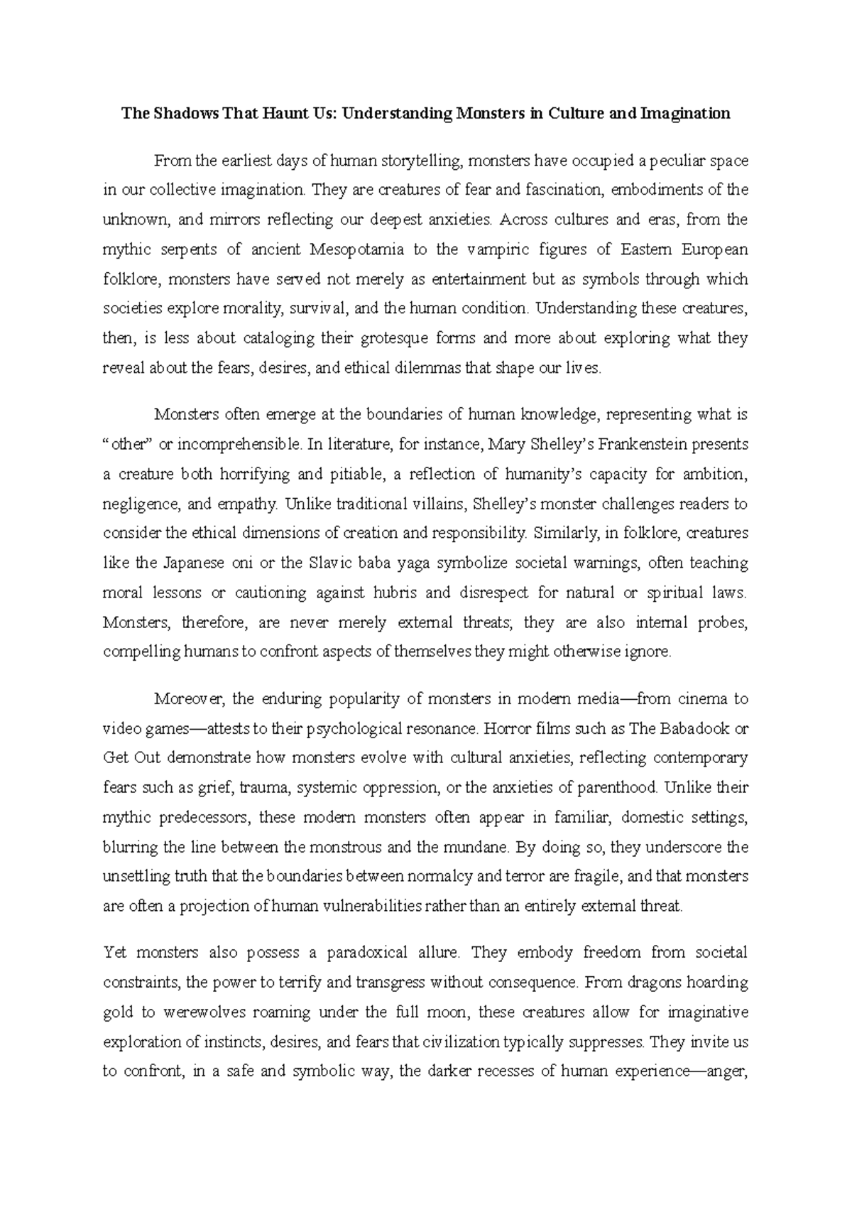 ENG 201: Understanding Monsters in Culture and Imagination - Studocu