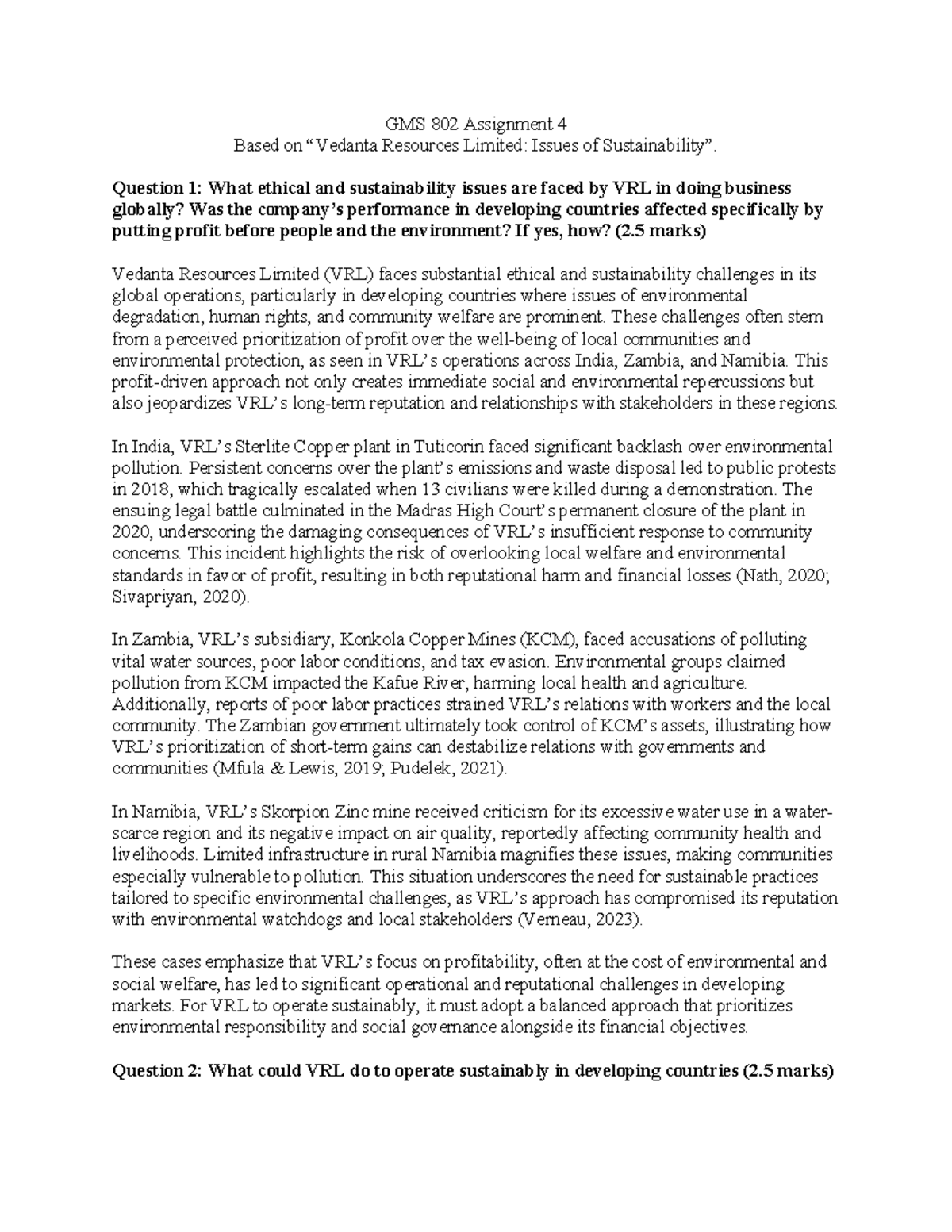 GMS 802 Assignment 5: Ethical & Sustainability Challenges for VRL ...
